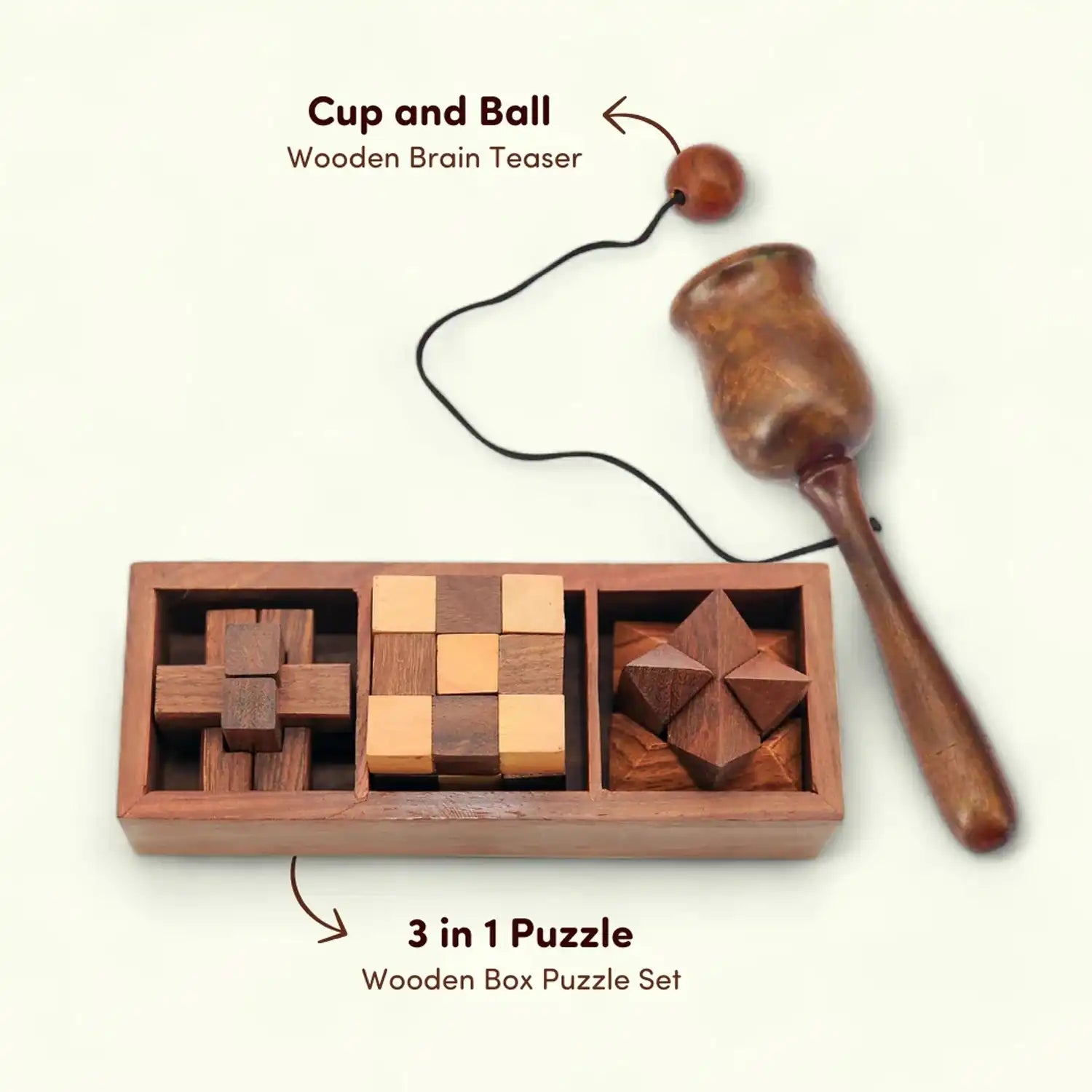 3 in 1 Box Puzzle and Cup and Ball Game Combo Pack of 2 | Wooden Brain ...