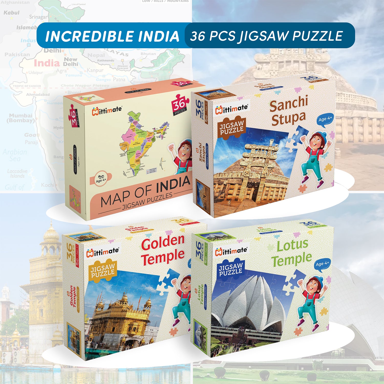 Incredible India Jigsaw Puzzle Combo Pack of 4 | Map of India, Sanchi ...